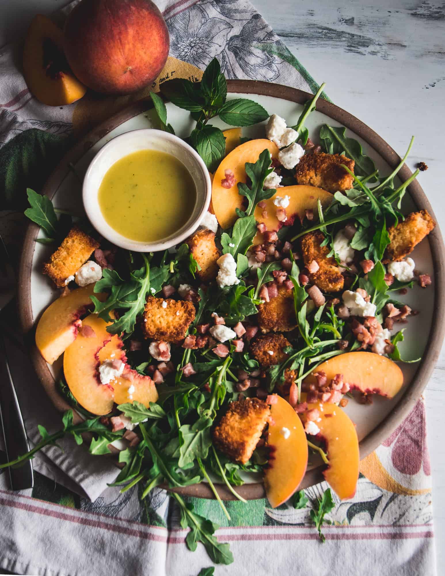 Summer Dish Collab: Arugula Salad with Peaches and Cornbread Croutons ...